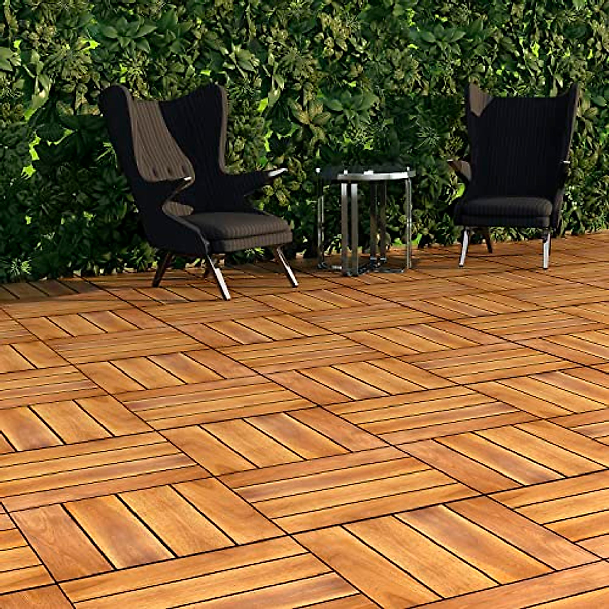 Wood Interlocking Flooring Tiles (Pack of 10, 12" x 12"), Solid Wood Acacia Deck Tiles Interlocking, Patio Tiles Outdoor Interlocking Waterproof All Weather (4 Slat, Natural Color)