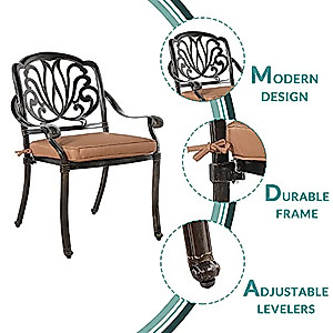 MEETWARM 7-Piece Outdoor Patio Dining Set, All-Weather Cast Aluminum Patio Conversation Set for Backyard Garden Deck with 6 Cushioned Chairs, 1 Rectangular Table, 2" Umbrella Hole, Dark Bronze