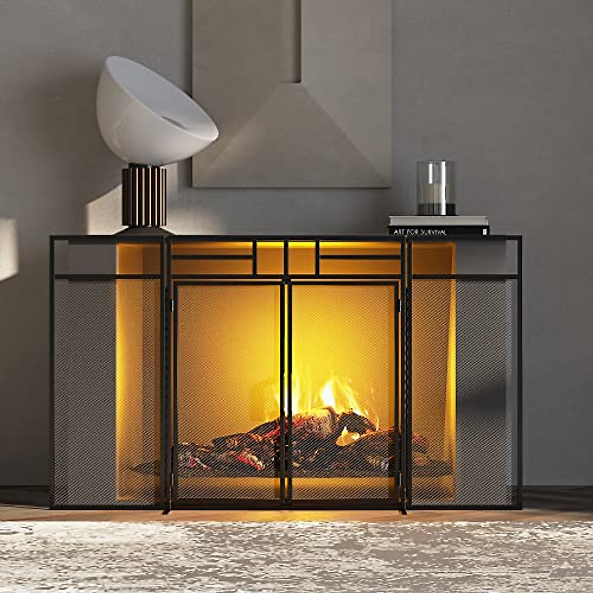 Fire Beauty 3-Panel Folding Fireplace Screen with Magnetic Hinged Doors, Solid Wrought Iron Panels Fire Spark Guard