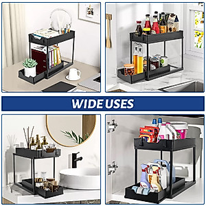 Under Sink Organizer, Sliding Cabinet Basket Organizer 2 Tier Under Bathroom Storage Rack with Hooks, Multi-purpose Storage Shelf for Bathroom Kitchen (White, 2 Pack)