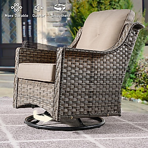 CAODOC Patio Furniture,All Weather Wicker 5 PCS Outdoor Sofa with High Back Swivel Rocker Chairs,Conversation Set with Solar Powered Coffee Table,Grey Rattan Beige Cushion