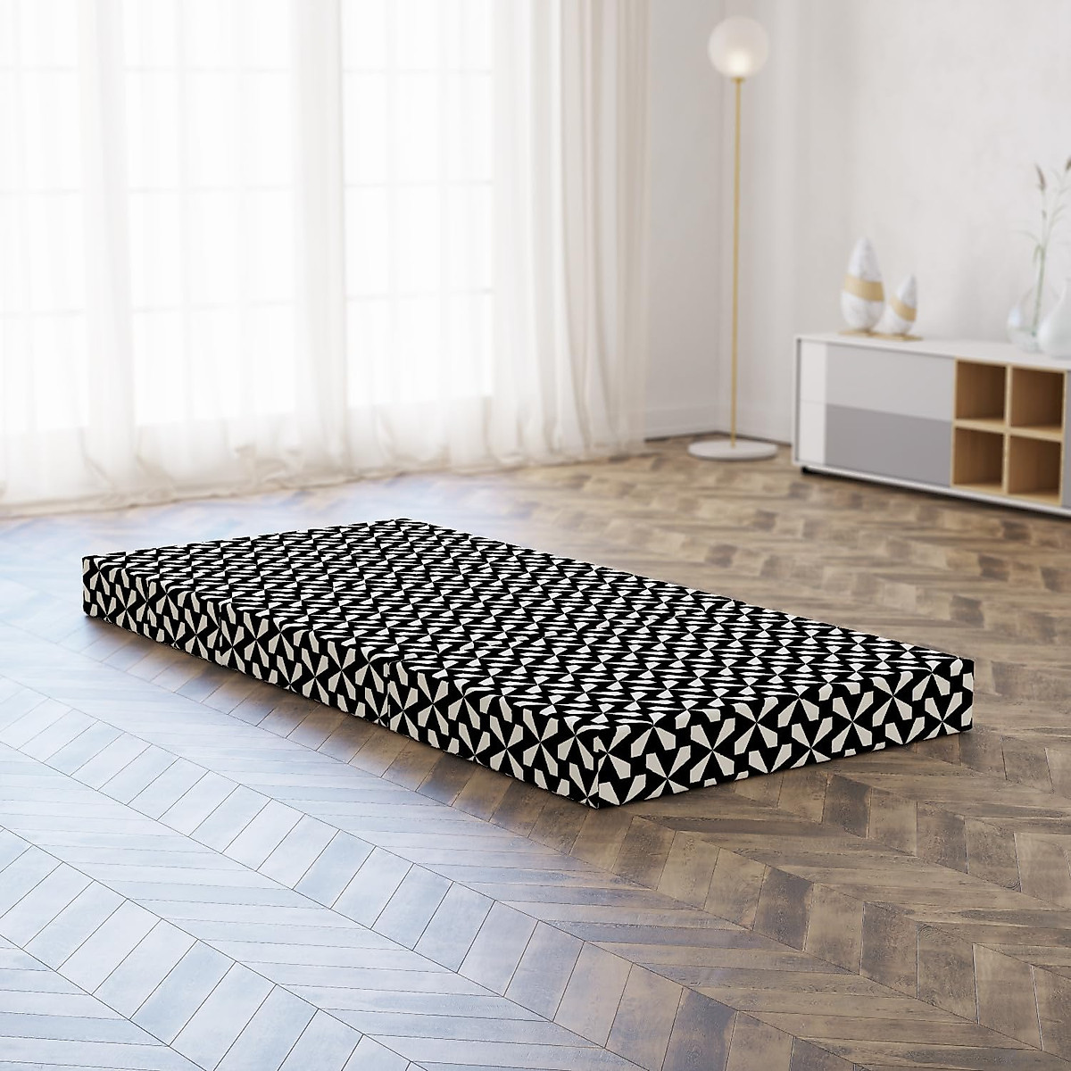 Ambesonne Abstract Foldable Mattress, Monochrome Geometric 70's, 74.8" x 35.4", Eggshell and Dark Brown