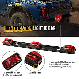 Partsam Red Clearance ID BAR Marker Light 3 Light 9 LED Trailer Sealed Stainless Steel, [DOT Approved] Sealed 3-Light Truck and Trailer Identification LED Light Bar Red Led Strip w/Black Base