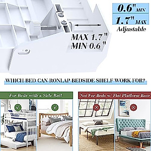 Ronlap Folding Bedside Shelf, Bunk Bed Shelf Organizer for Top Bunk Clip On Nightstand for Loft Bed Plastic Bedside Shelf Tray for Kids with Cupholder Hooks Hanging Cup, Plus Size, White