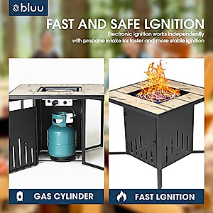 Bluu 32in Square Propane Fire Pit Table Gas Fire Pits for Outside with Blue Glass Beads, Faux Wood Fire Table Safe CSA Smokeless Firepit Great for Party on Patio & Balcony with Tank Cover