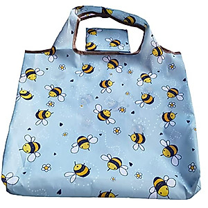 HAPPYHEIDI 4 Pack Bulk Cute Medium Foldable Reusable Grocery Bags Washable Small Shopping Totes, Long Handles, Heavy Duty, Fold-Up Pouch, Leopard Bees Floral Daisy Stripe