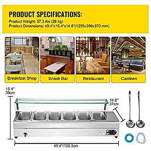 110V Bain Marie Food Warmer 42 Quart, 6 Pan x 1/3 GN Commercial Steam Table with Tempered Glass Shield
