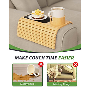 BS-VOG Couch Cup Holder, Bamboo Couch Arm Tray with 360° Rotating Drink Holder, Foldable Anti-slip Couch Arm Table, Sofa Armrest Tray Clip on Wide Couches for Eating, Snacks, Remote, No Installation