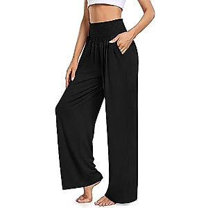 TARSE Womens Smocked Ruffle High Waisted Wide Leg Yoga Sweatpants Comfy Palazzo Lounge Pants Pajama Pants with Pockets Black M