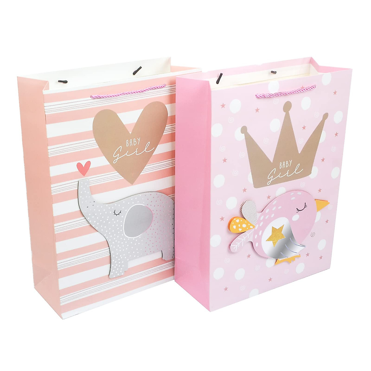 LDGOOAEL 16" Large Gift Bag with Tissue Paper for Baby Shower - 2 Pack (Baby Girl, Pink Elephant)