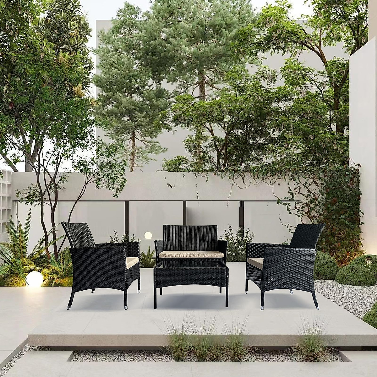 Peacabo 4 Piece Patio Furniture Set Sectional Table Chair, Wicker Sofa with Armrest Chair Loveseat and Rattan Side Table, Outdoor Conversation Sets for Garden Lawn Pool or Backyard, Coffee/Beige