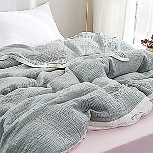 Cotton Muslin Throw Blanket for Adults Queen 78" x 90" Lightweight 100% Cotton Blankets 4 Layer Cozy Wrinkled Super Soft for Bed,Couch & Sofa,All Season Bedding, Cyan