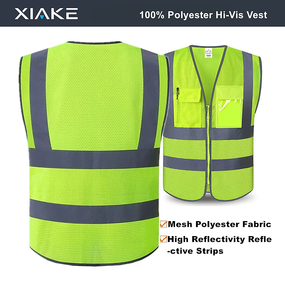 XIAKE 4 Pockets High Visibility Reflective Safety Vest Mesh Lite Zipper Front, Meets ANSI/ISEA Standards(Large,Yellow)