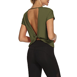 Mippo Workout Shirts Gym Tops Open Back Backless Top Athletic Gym Clothes Short Sleeve Work Out Tops for Women Army Green S