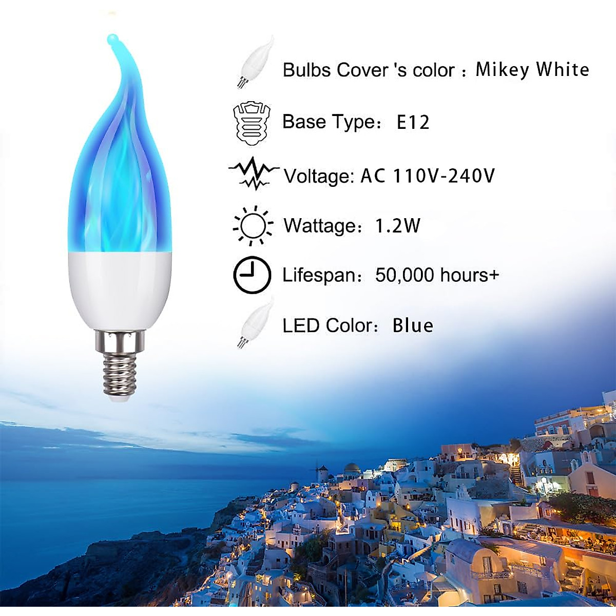 OHLGT E12 Flame Bulbs 2 Pack, 3 Mode LED Candelabra 2.0 Watt Warm White Chandelier Candle Light Bulbs, Flame Tip for Christmas Party Decorations-Blue