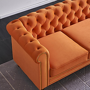 Homtique 84" Modern Sofa Couch for Living Room, 3 Seater Couch Comfy Velvet Sofa Button Tufted Rolled Arms and Gold Legs, Chesterfield Sofa for Home Studio/Office, Bedroom, Orange