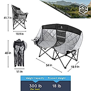 Coastrail Outdoor Folding Double Camping Chairs Premium Comfort Portable Love Seat Lawn Chairs Folding for Two with Padded Seat and Pockets, Heavy Duty for Adults