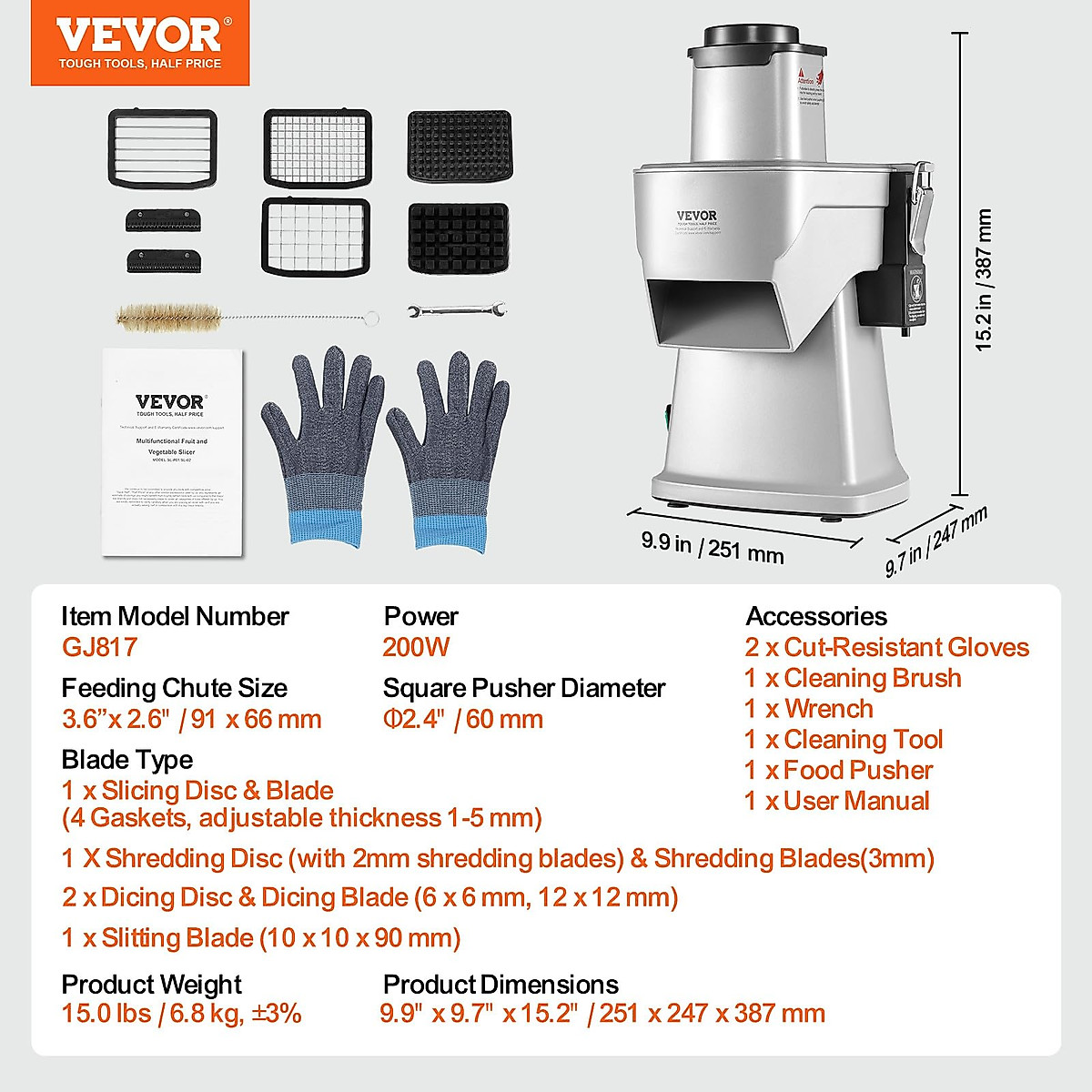 VEVOR Electric Vegetable Slicer, 4 in 1 Multifunctional Food Cutter, 200W Vegetable Chopper for Slicing Shredding Dicing and Slitting, with Cut-Resistant Gloves, for Commercial and Home Use