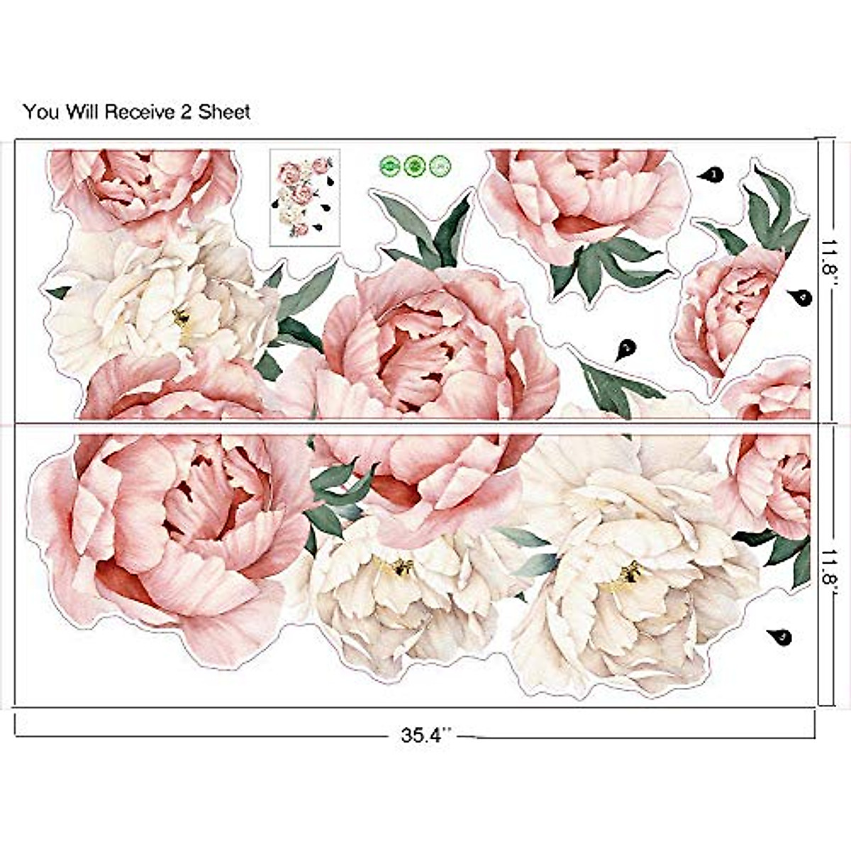 Flowers Wall Decals Floral Wall Stickers Peel and Stick Pink Peonies Wall Murals Rose Flower Wall Decor for Bedroom Girls Room Living Room Nursery