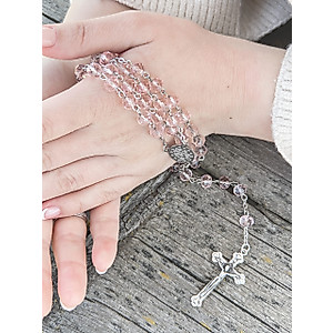 Nazareth Store Pink Pearl Beads Rosary Handmade Prayer Beaded Necklace with Miraculous Medal and Silver Cross