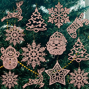 Rose Gold Snowflake Ornament for Christmas Tree Decorations - 42pcs Plastic Glitter Rose Gold Snowflake Sock Reindeer Santa Snowman Assorted Sizes Hanging Decor for Winter Wonderland Xtmas Tree