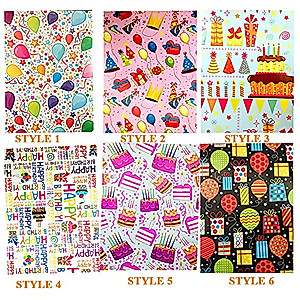 Large Sheet Birthday Wrapping Paper Sheet for Kids Girls Adults 6 Pack Folded Flat Traditional Colorful Design Gift Box Wrap for Birthday Party 74 X 50cm