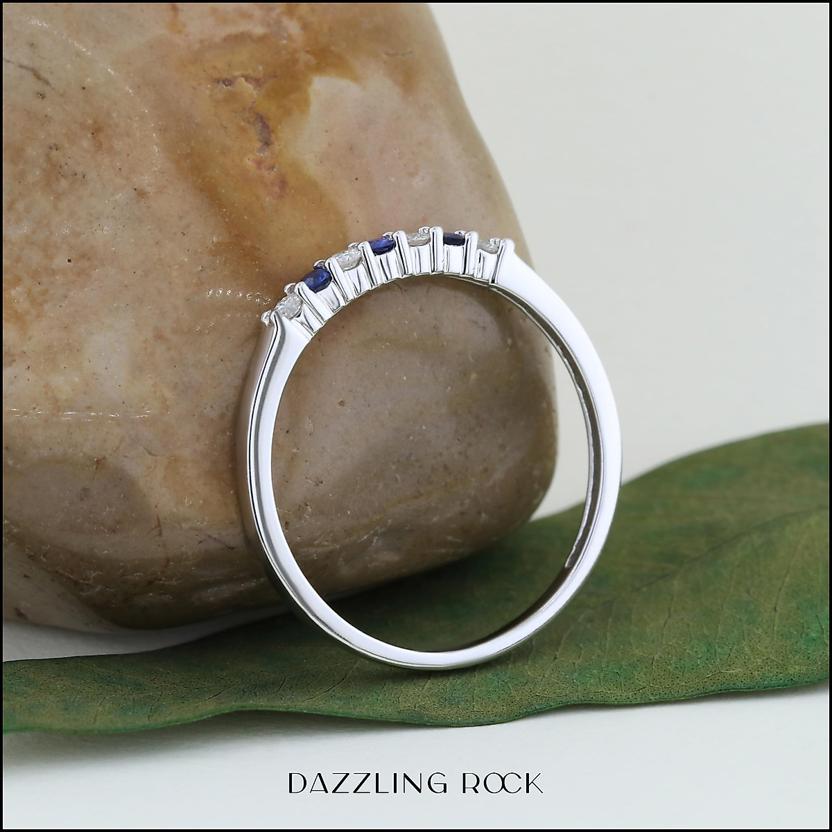 Dazzlingrock Collection 14K Round Blue Sapphire And White Diamond 7 Stone Bridal Wedding Band, White Gold, Size 10
