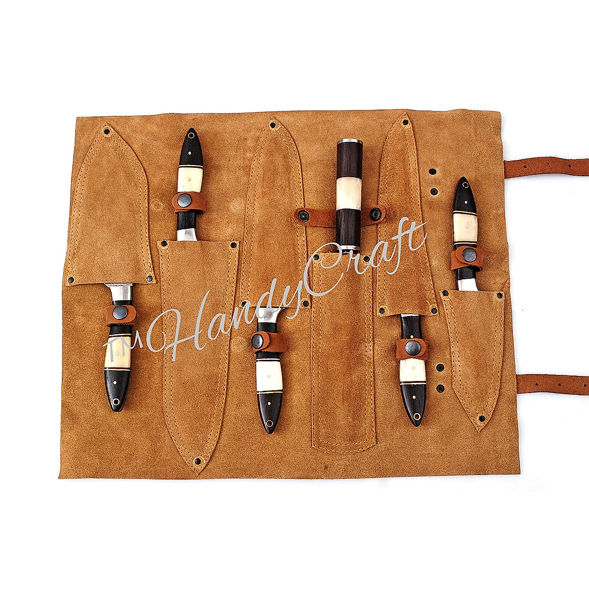 HandyCrafts Hk71 Damascus Chef knife set of 6 pieces Professional utility japanese style BBQ Steel with Black American wood and Camel Bone Leather Sheath Cover, HC71, Black/White, 11 x 3 x 2 inches