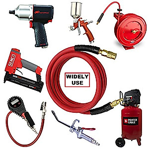 YOTOO Hybrid Lead-in Air Hose 3/8-Inch by 3-Feet 300 PSI Heavy Duty, Lightweight, Kink Resistant, All-Weather Flexibility with Bend Restrictors, 1/4" Industrial Quick Coupler and Plug, Red