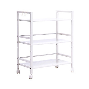 3-Tier Metal Storage Rack with Wheels - Heavy Duty Shelving Unit with Hooks - Microwave Stand Kitchen Rolling Cart - Garage Storage Rack - Multipurpose Utility Cart for Home Office Use - Ivory White