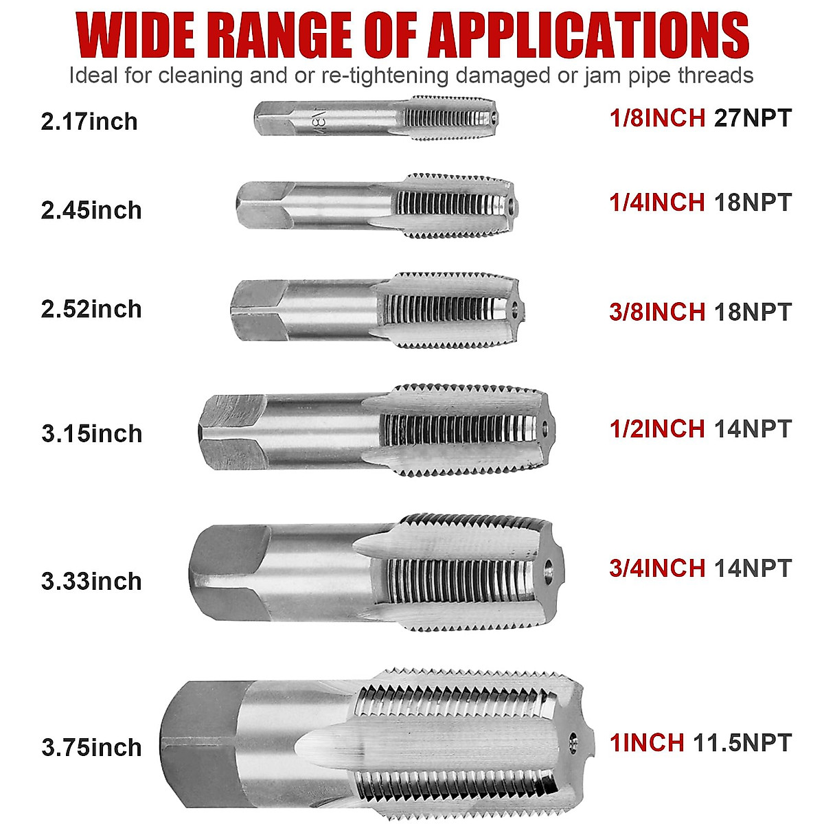 KBOISHA 6-Piece NPT Pipe Tap Set, Carbon Steel NPT Thread Forming Tap Sizes 1/8", 1/4", 3/8", 1/2", 3/4", and 1"