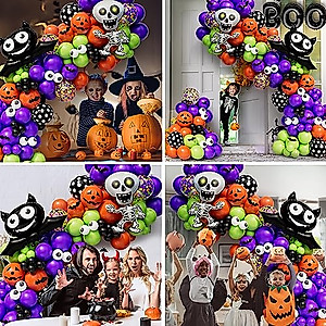 CboDeco 137pcs Halloween Balloon Garland Arch Kit with Black Orange Purple Green Pumpkin Confetti Balloons Skull Bat Foil Balloons for Halloween Theme Party Background Classroom Decorations