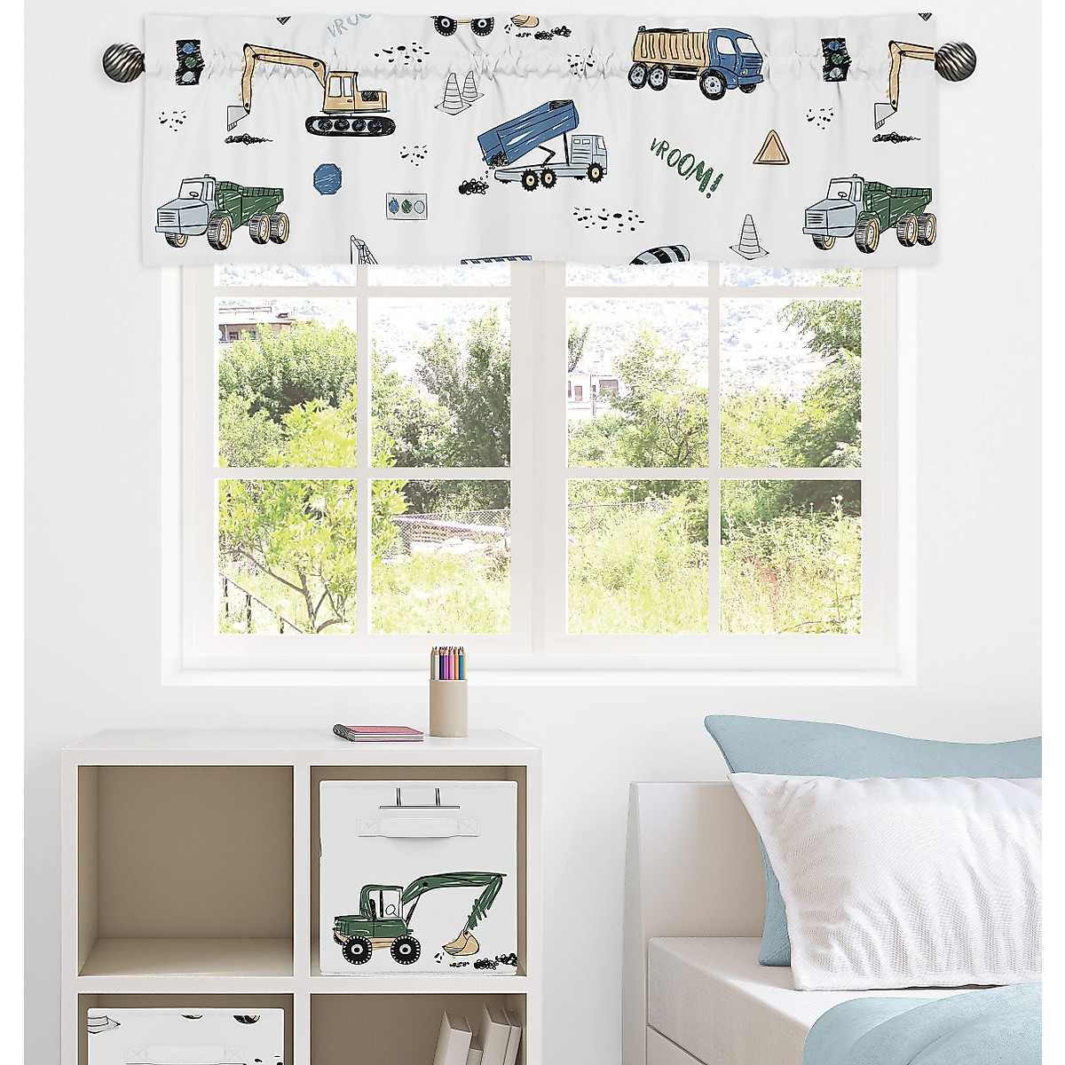 Sweet Jojo Designs Construction Truck Window Treatment Valance - Grey Yellow Black Blue and Green Transportation