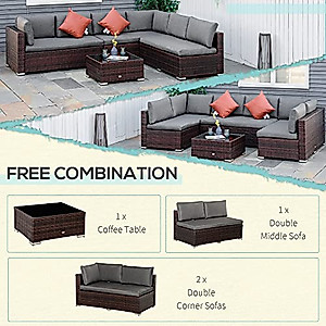 Outsunny 4-Piece Patio Furniture Sets Outdoor Wicker Conversation Set PE Rattan Sectional Sofa Set with Tempered Glass Coffee Table and Cushions for Backyard and Garden, Brown