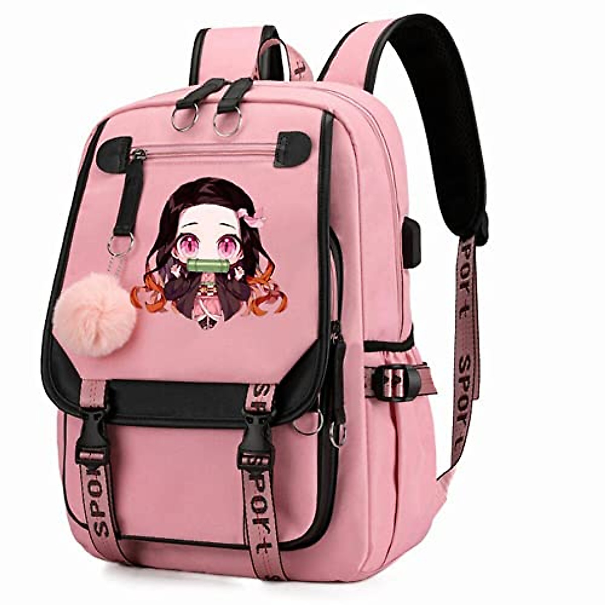 GDFENDU Japanese Anime Backpacks with Keychains,USB Charging Port Student School Bag Laptop Cosplay for Boys Girls (Pink)