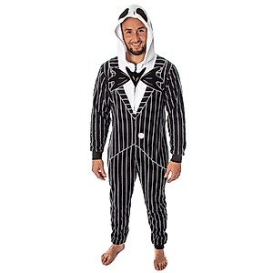 Nightmare Before Christmas Jack Skellington Costume Pinstripe Suit Pajama Outfit One-Piece Union Suit (Large) Black