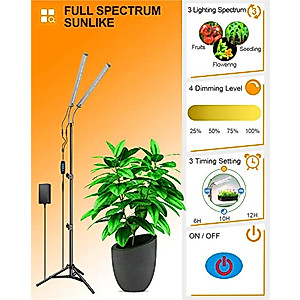 DOMMIA LED Grow Lights, 3 Modes Grow Lights for Indoor Plants Full Spectrum with 60" Adjustable Tripod Stand,180 LED Plant Grow Light with Stand 6/10/12 Timer Dimmable Grow Light Strip for Tall Plants