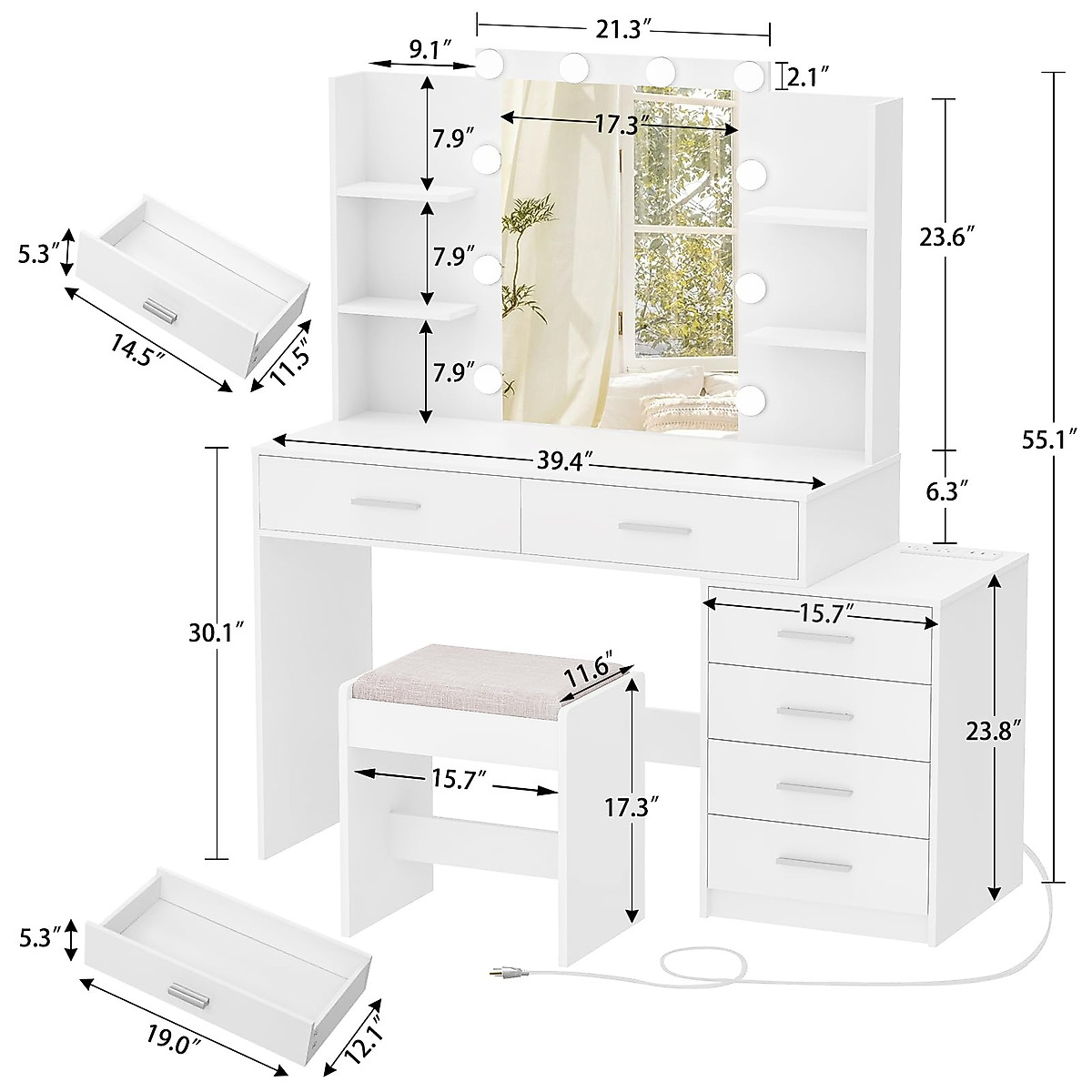 FIONESO Vanity Desk with Mirror & Lights, Makeup Vanity with 6 Drawers, 6 Open Shelves and Power Outlet, 48” Storage Makeup Vanity Desk with Stool Bench for Women, Girls, Bedroom, White