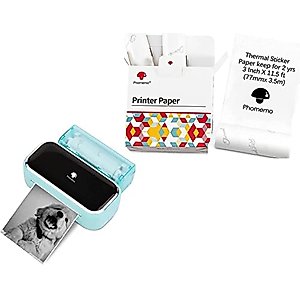 Phomemo M03 Pocket Printer- Portable Printer Photo Printer with 3 Roll 3 Inch Black on White, 77mm x 3.5m, 3 Inch X 11.5 ft, Compatible with iOS + Android for Photos, Journalist, Work, Plan-(Green)