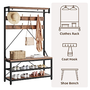 IDEALHOUSE Coat Rack Shoe Bench Industrial Hall Tree Storage Bench for Entryway, Wood Look Accent Large Shoe Rack Bench with Storage Shelf Hanging Bar,8 Hooks Rustic Brown 39.9"x15.7"x72"