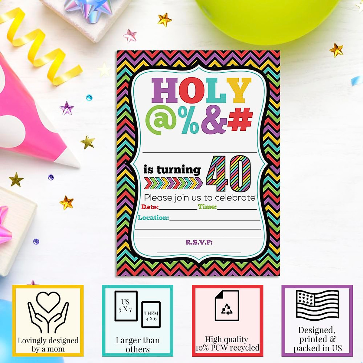 HOLY @% 40th Birthday Party Invitations, 20 Funny 5x7 Fill In Cards with Twenty White Envelopes for Milestone Birthdays by AmandaCreation