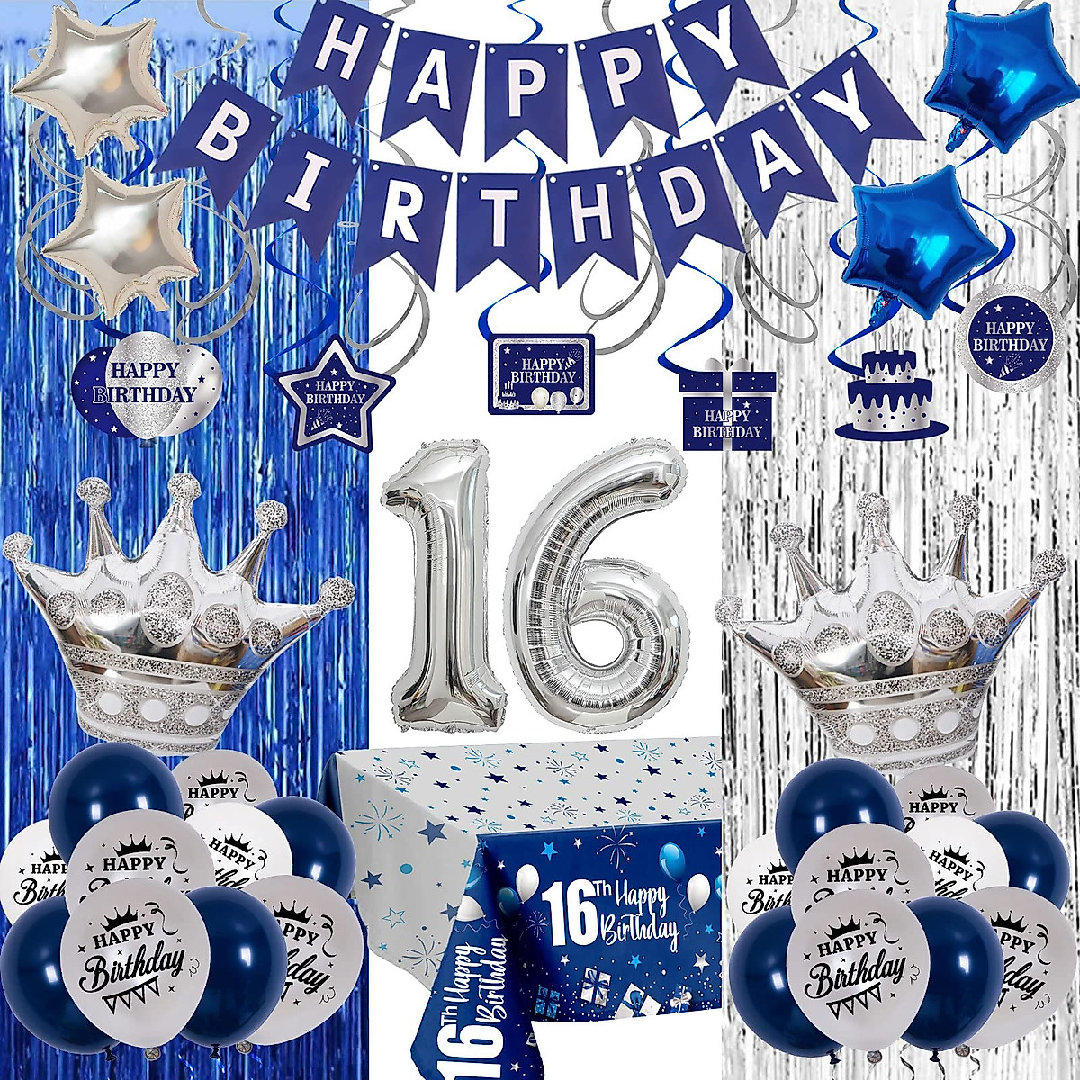 16th Birthday Decorations for Boys/Girls - Sweet 16 Birthday Decorations Blue and Silver Including HAPPY 16th BIRTHDAY Banner Balloons Tablecloth- 16 Years Old Birthday Party Supplies