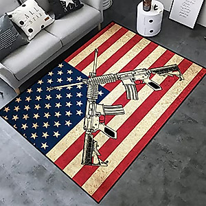 Retro American Flag with Guns Home Decor Large Area Rugs, Indoor Floor Mats for Adult Kid's Bedroom, Vintage USA Star Stripe Flag Polyester Non-Slip Soft Carpets Doormats for Bathroom Living Room