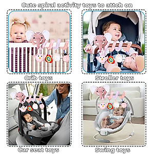 Car Seat Toys for Babies 0-6 Months, Infant Spiral Activity Toys Baby Gril Car Seat Toys 6-12 Months Hanging Stroller Toys for Baby Girls 0-6 Months with Musical Owl Rattle Sheep - Pink Elephant