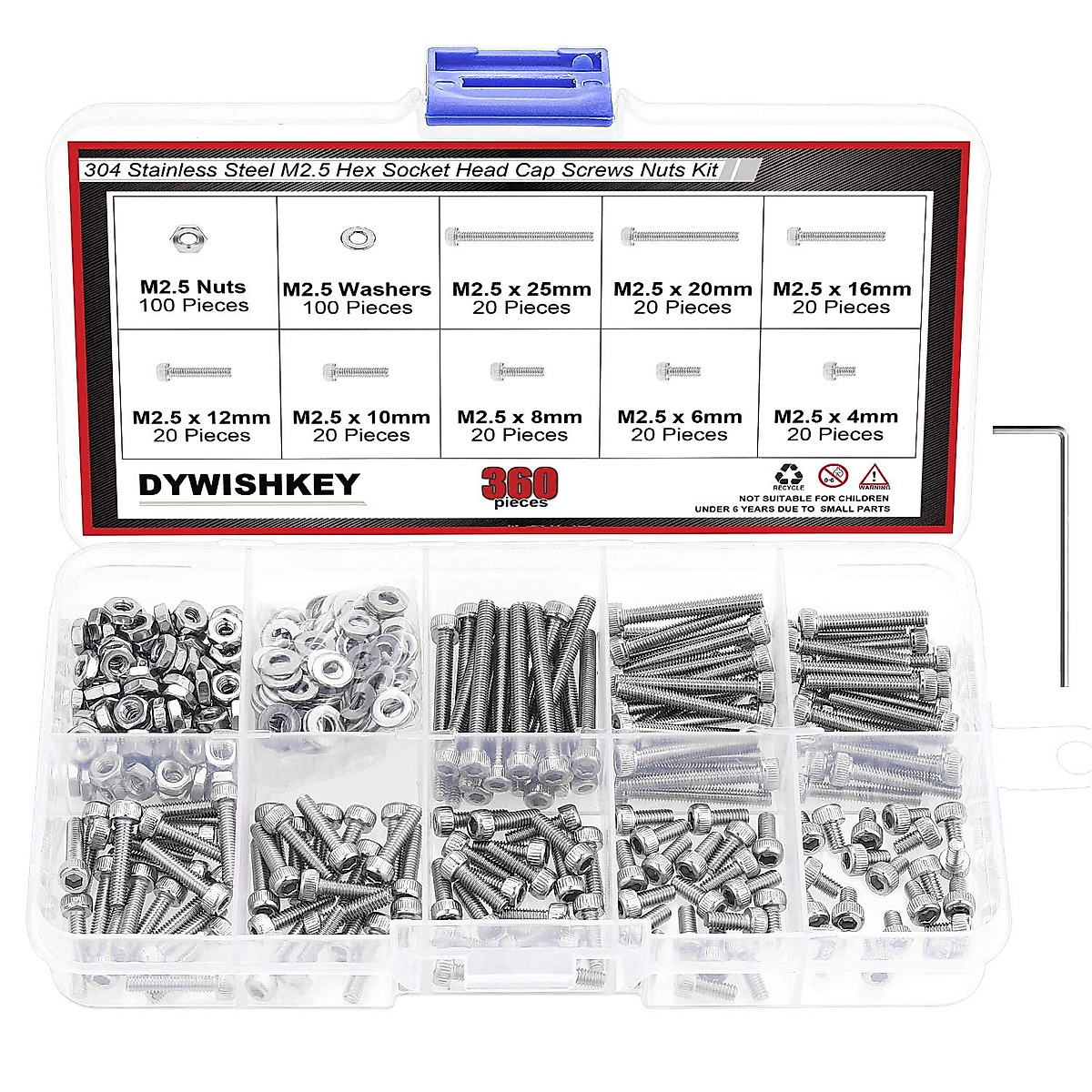 DYWISHKEY 360 Pieces M2.5 x 4mm/6mm/8mm/10mm/12mm/16mm/20mm/25mm, Stainless Steel 304 Hex Socket Head Cap Bolts Screws Washers Nuts Kit with Hex Wrench