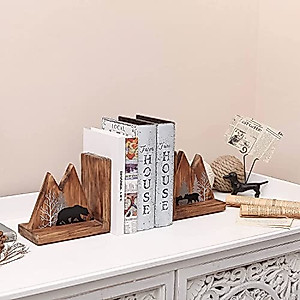 NIKKY HOME Heavy Duty Non Slip Rustic Woodland Mountain Wooden Bookend Cute Bear Book Ends Book Stoppers for Cabin Decor Home and Office Shelves Kids Children