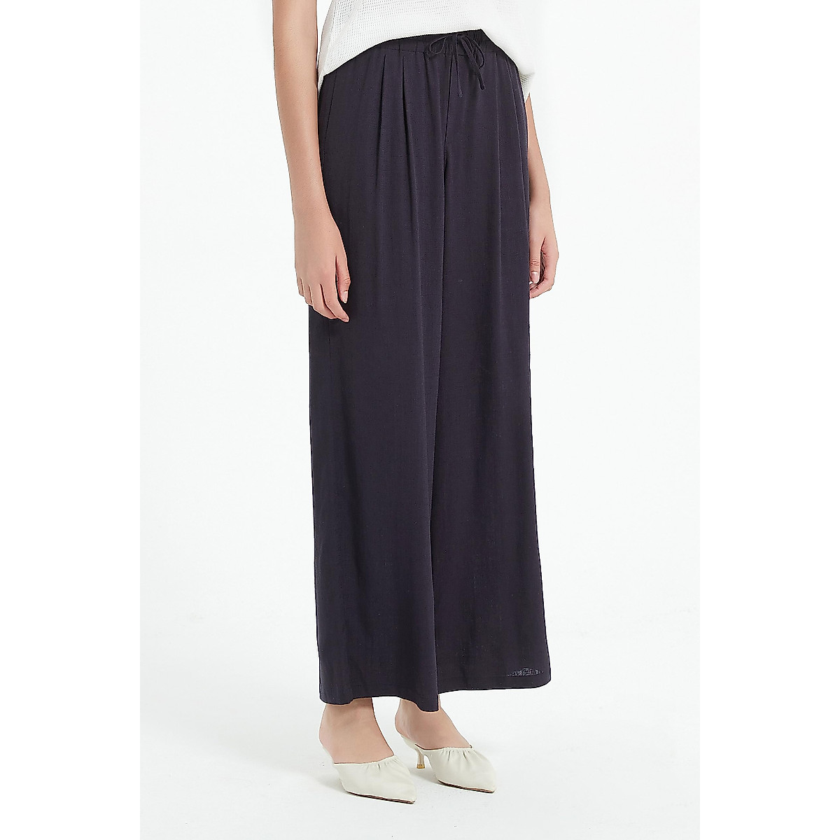 PACIBE Womens Cotton Linen Pants Summer Casual Drawstring High Waisted Palazzo Flowy Wide Leg Trousers with Pockets, XL Deep Blue