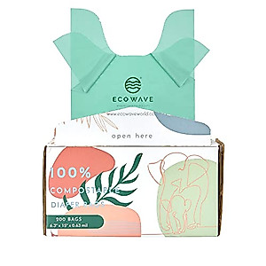 ECO WAVE 100% Compostable Diaper Bags, 200 bags, ASTM D6400, EN 13432, US BPI and Europe OK Compost Home Certified Disposable Biodegradable Baby Poop Bags
