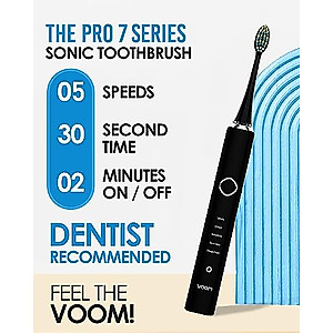 Voom Sonic Pro 7 Series Rechargeable Electronic Toothbrush, Advanced Oral Care Technology, 2-Minute Timer w/Quadrant Pacing, 5 Adjustable Speeds, Magnetic Levitation, 100% Waterproof, Black (VM-20946)