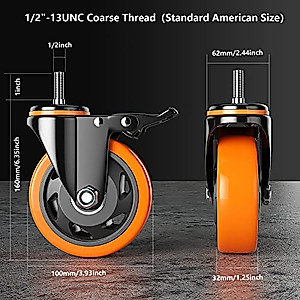 4 Inch Caster Wheels 2200Lbs, Threaded Stem Casters Set of 4 Heavy Duty, 1/2"-13 x 1" (Screw Diameter 1/2", Stem Length 1"), Safety Dual Locking Industrial Castors, Wheels for Cart, Furniture